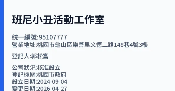 班尼小丑活動工作室的照片-統編 95107777(桃園市) 公司登記資料與營業項目詳細圖表