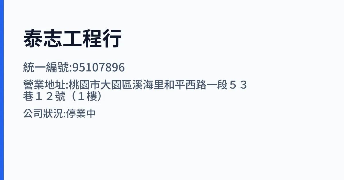 泰志工程行 - 統編 95107896(桃園市) 公司登記資料與營業項目詳細圖表