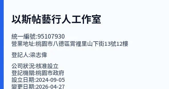 以斯帖藝行人工作室的照片-統編 95107930(桃園市) 公司登記資料與營業項目詳細圖表