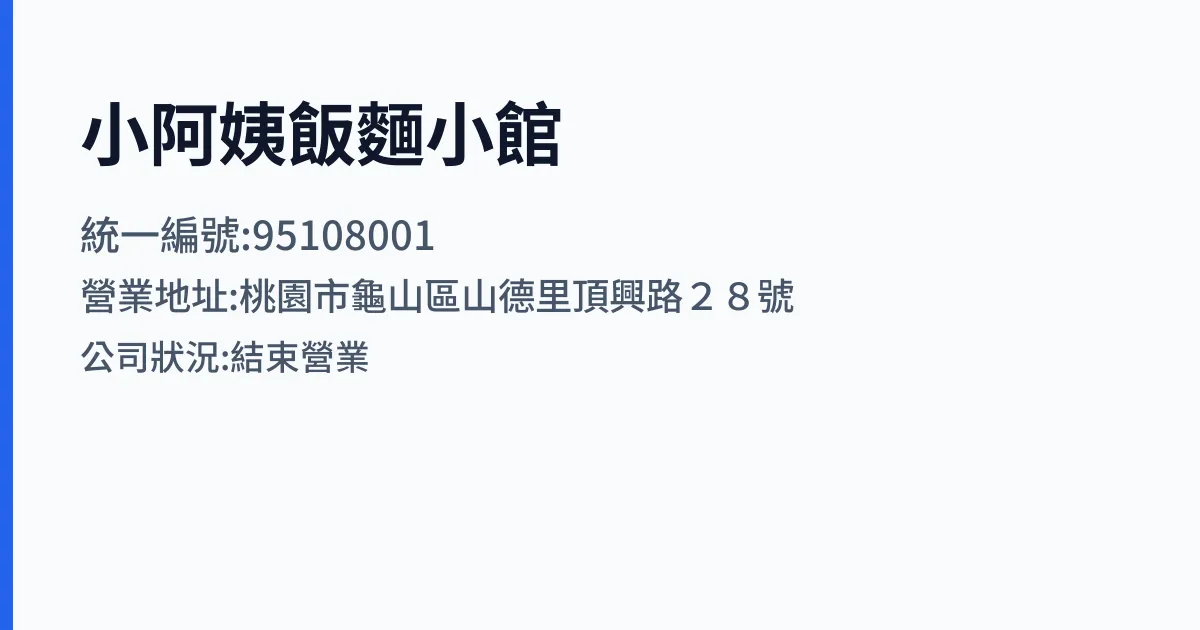 小阿姨飯麵小館 - 統編 95108001(桃園市) 公司登記資料與營業項目詳細圖表