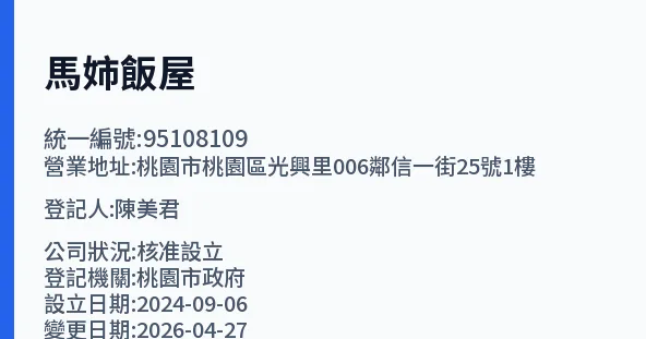 馬姉飯屋的照片-統編 95108109(桃園市) 公司登記資料與營業項目詳細圖表