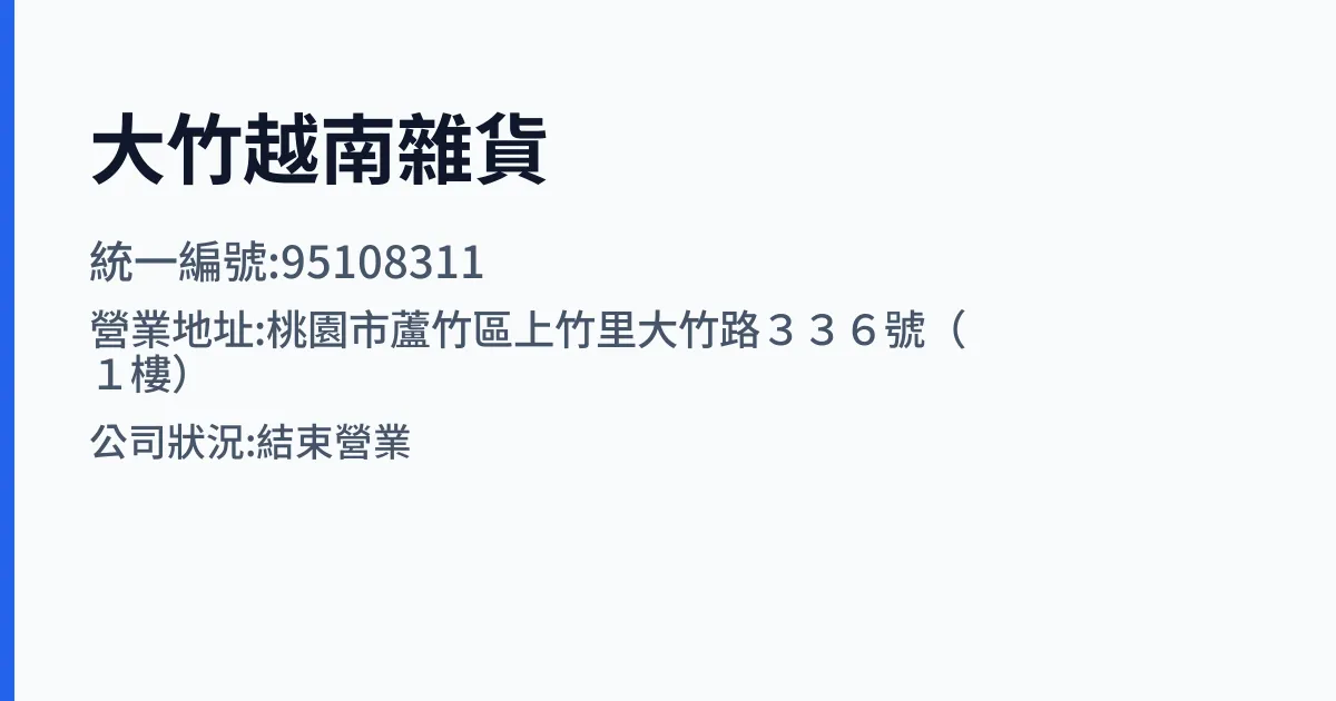 大竹越南雜貨 - 統編 95108311(桃園市) 公司登記資料與營業項目詳細圖表