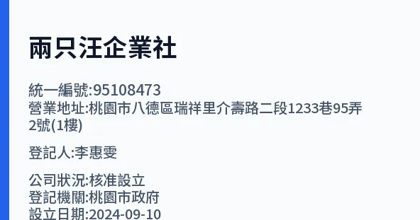 兩只汪企業社的照片-統編 95108473(桃園市) 公司登記資料與營業項目詳細圖表