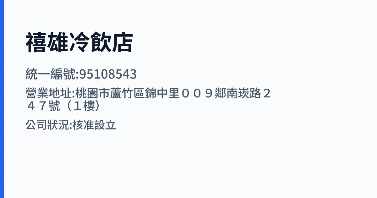 禧雄冷飲店 - 統編 95108543(桃園市) 公司登記資料與營業項目詳細圖表