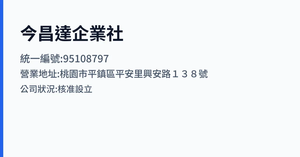 今昌達企業社 - 統編 95108797(桃園市) 公司登記資料與營業項目詳細圖表