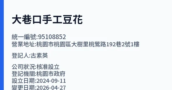 大巷口手工豆花的照片-統編 95108852(桃園市) 公司登記資料與營業項目詳細圖表