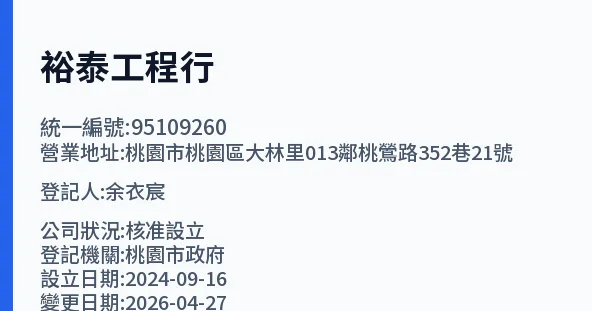 裕泰工程行的照片-統編 95109260(桃園市) 公司登記資料與營業項目詳細圖表