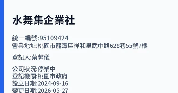 水舞集企業社的照片-統編 95109424(桃園市) 公司登記資料與營業項目詳細圖表