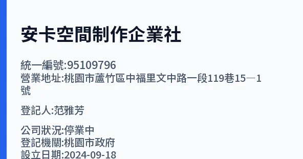 安卡空間制作企業社的照片-統編 95109796(桃園市) 公司登記資料與營業項目詳細圖表
