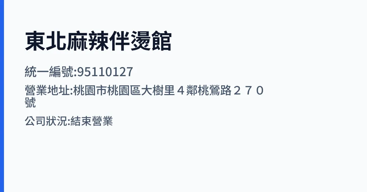 東北麻辣伴燙館 - 統編 95110127(桃園市) 公司登記資料與營業項目詳細圖表