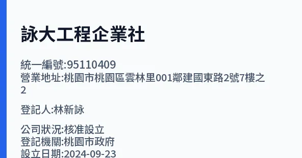 詠大工程企業社的照片-統編 95110409(桃園市) 公司登記資料與營業項目詳細圖表