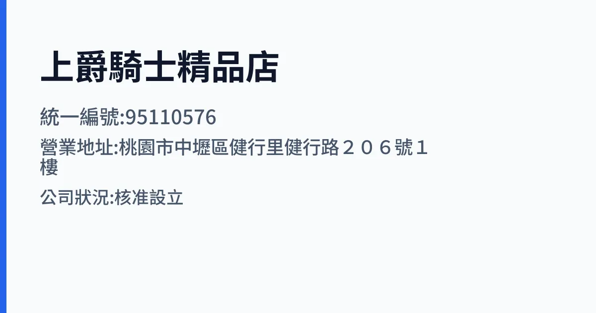 上爵騎士精品店 - 統編 95110576(桃園市) 公司登記資料與營業項目詳細圖表