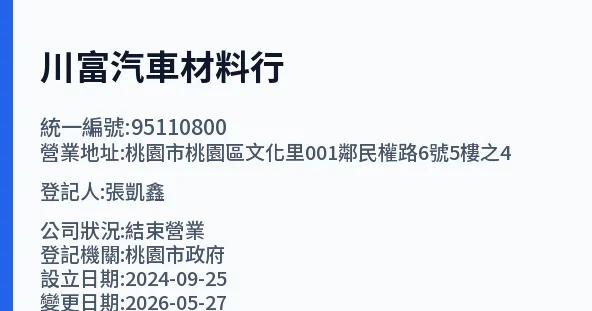 川富汽車材料行的照片-統編 95110800(桃園市) 公司登記資料與營業項目詳細圖表