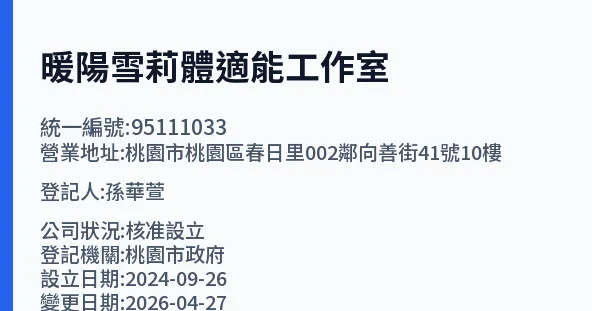 暖陽雪莉體適能工作室的照片-統編 95111033(桃園市) 公司登記資料與營業項目詳細圖表