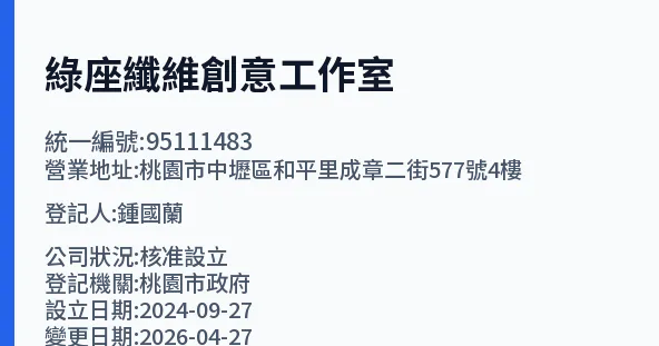 綠座纖維創意工作室的照片-統編 95111483(桃園市) 公司登記資料與營業項目詳細圖表