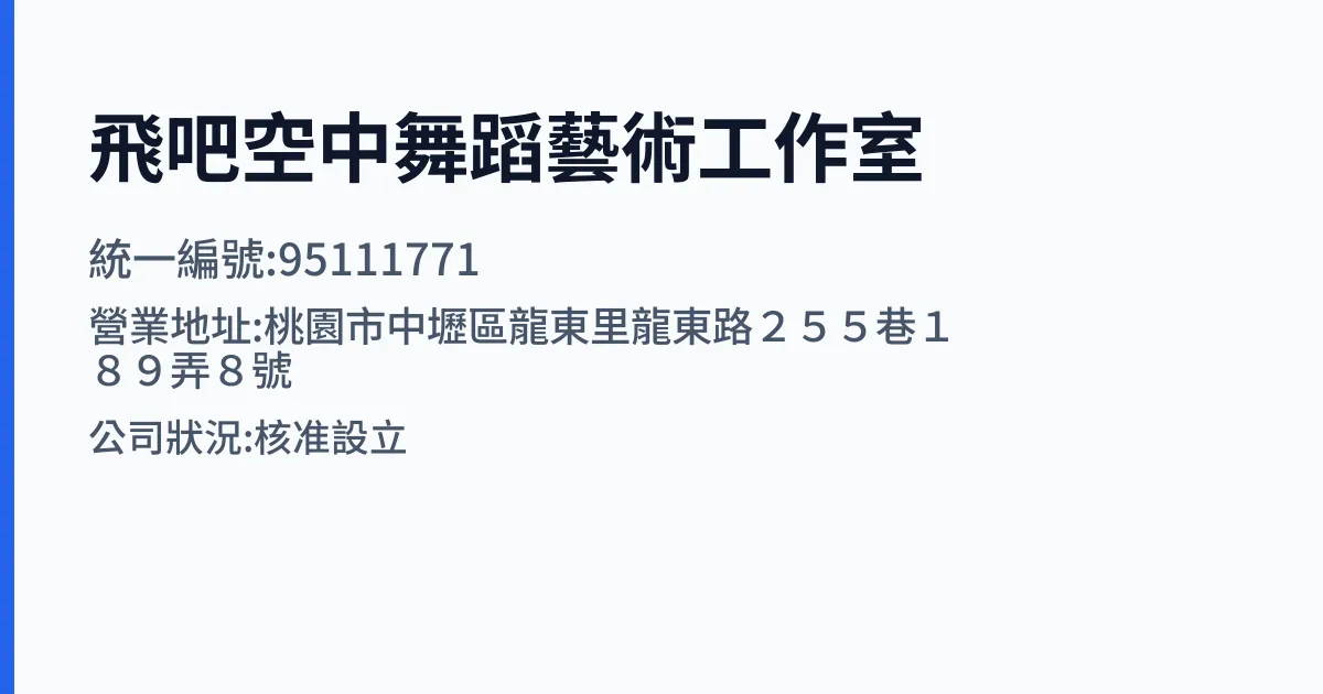 飛吧空中舞蹈藝術工作室 - 統編 95111771(桃園市) 公司登記資料與營業項目詳細圖表