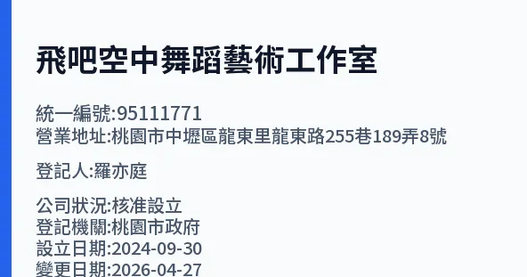 飛吧空中舞蹈藝術工作室的照片-統編 95111771(桃園市) 公司登記資料與營業項目詳細圖表