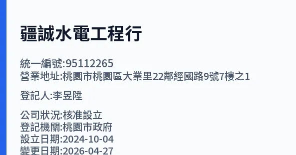 疆誠水電工程行的照片-統編 95112265(桃園市) 公司登記資料與營業項目詳細圖表