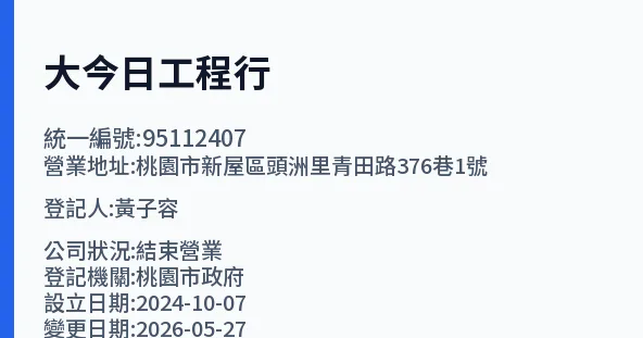 大今日工程行的照片-統編 95112407(桃園市) 公司登記資料與營業項目詳細圖表