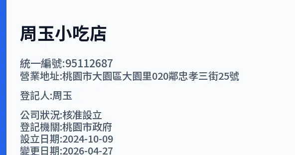 周玉小吃店的照片-統編 95112687(桃園市) 公司登記資料與營業項目詳細圖表