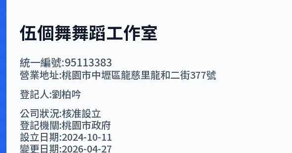 伍個舞舞蹈工作室的照片-統編 95113383(桃園市) 公司登記資料與營業項目詳細圖表