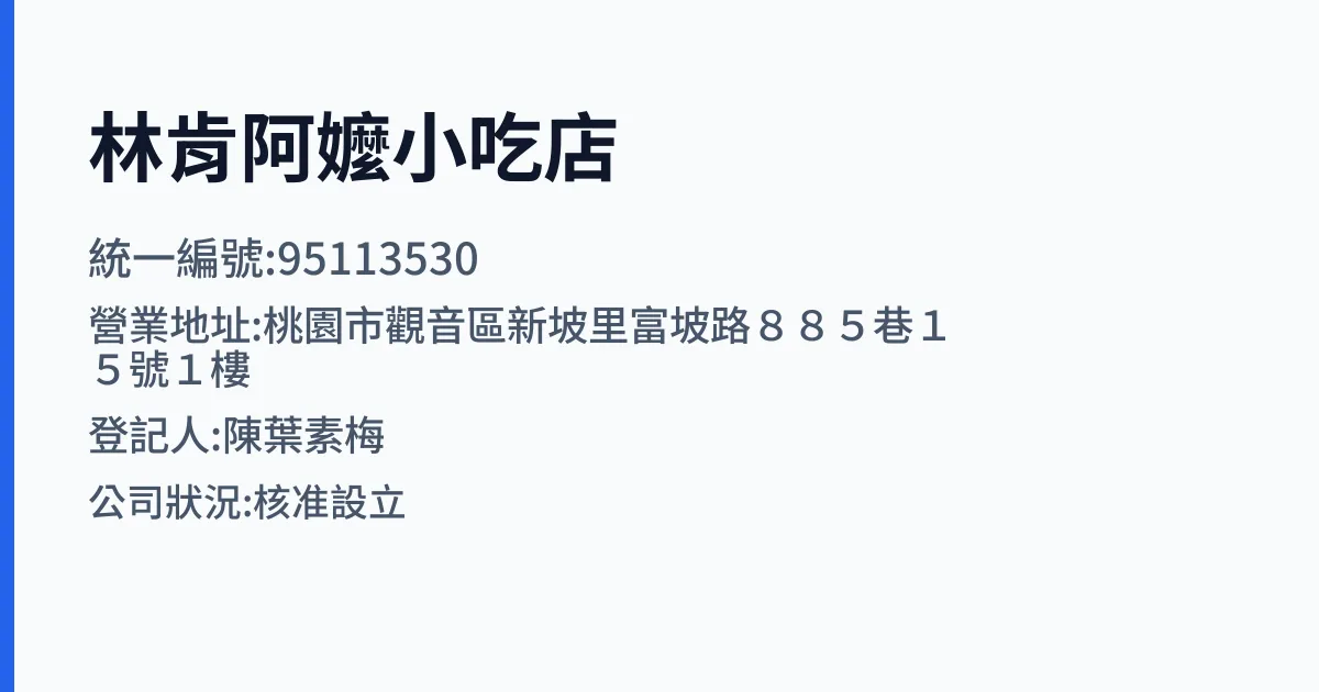 林肯阿嬤小吃店 - 統編 95113530(桃園市) 公司登記資料與營業項目詳細圖表
