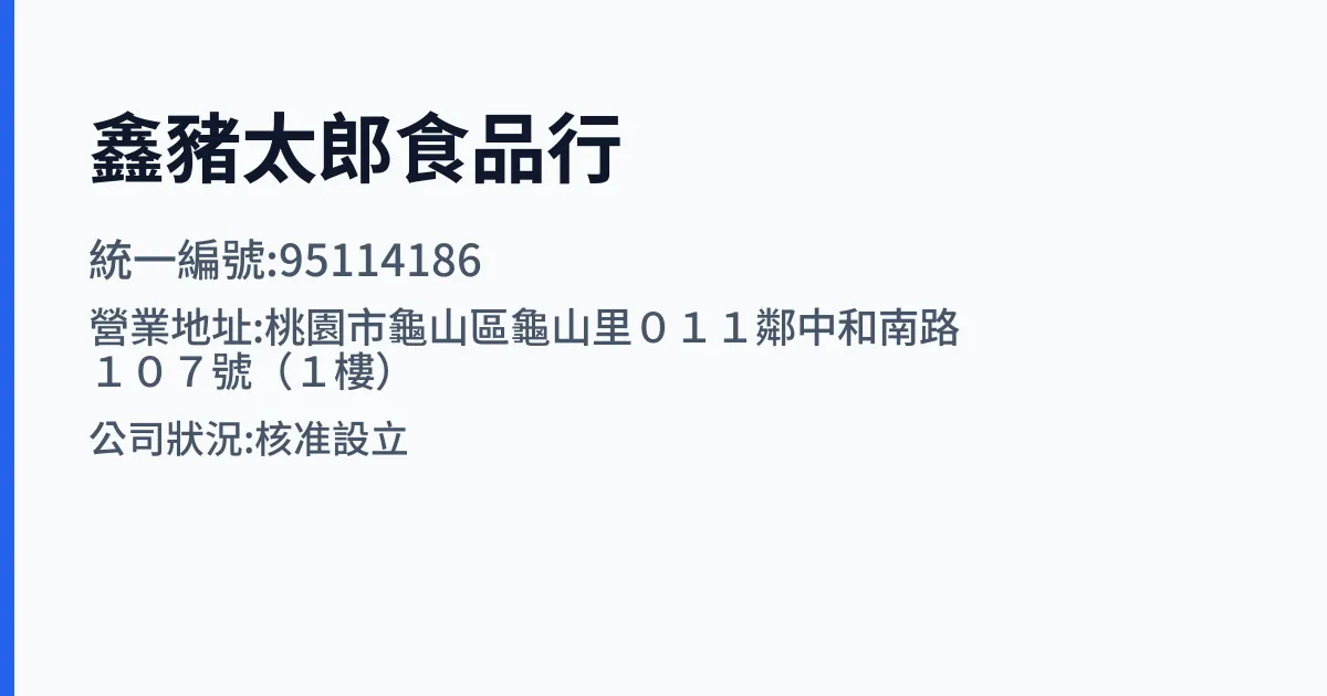 鑫豬太郎食品行 - 統編 95114186(桃園市) 公司登記資料與營業項目詳細圖表