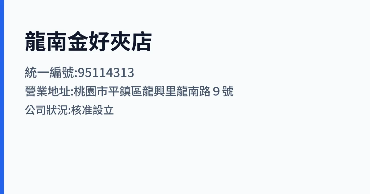 龍南金好夾店 - 統編 95114313(桃園市) 公司登記資料與營業項目詳細圖表