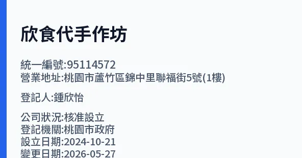 欣食代手作坊的照片-統編 95114572(桃園市) 公司登記資料與營業項目詳細圖表