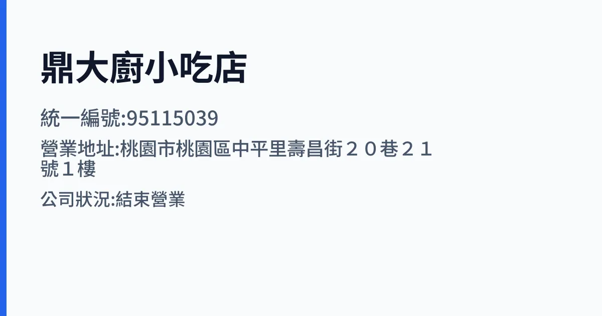 鼎大廚小吃店 - 統編 95115039(桃園市) 公司登記資料與營業項目詳細圖表