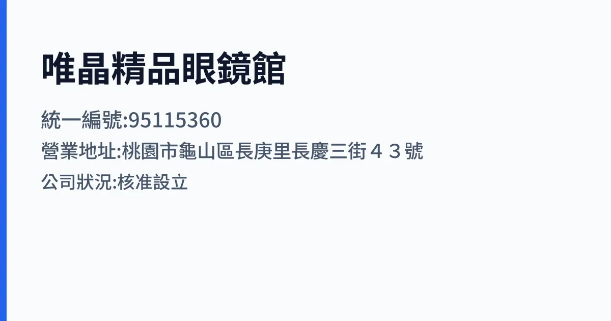 唯晶精品眼鏡館 - 統編 95115360(桃園市) 公司登記資料與營業項目詳細圖表
