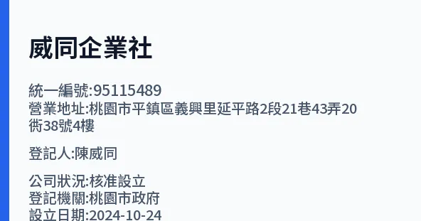 威同企業社的照片-統編 95115489(桃園市) 公司登記資料與營業項目詳細圖表