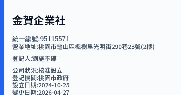 金賀企業社的照片-統編 95115571(桃園市) 公司登記資料與營業項目詳細圖表