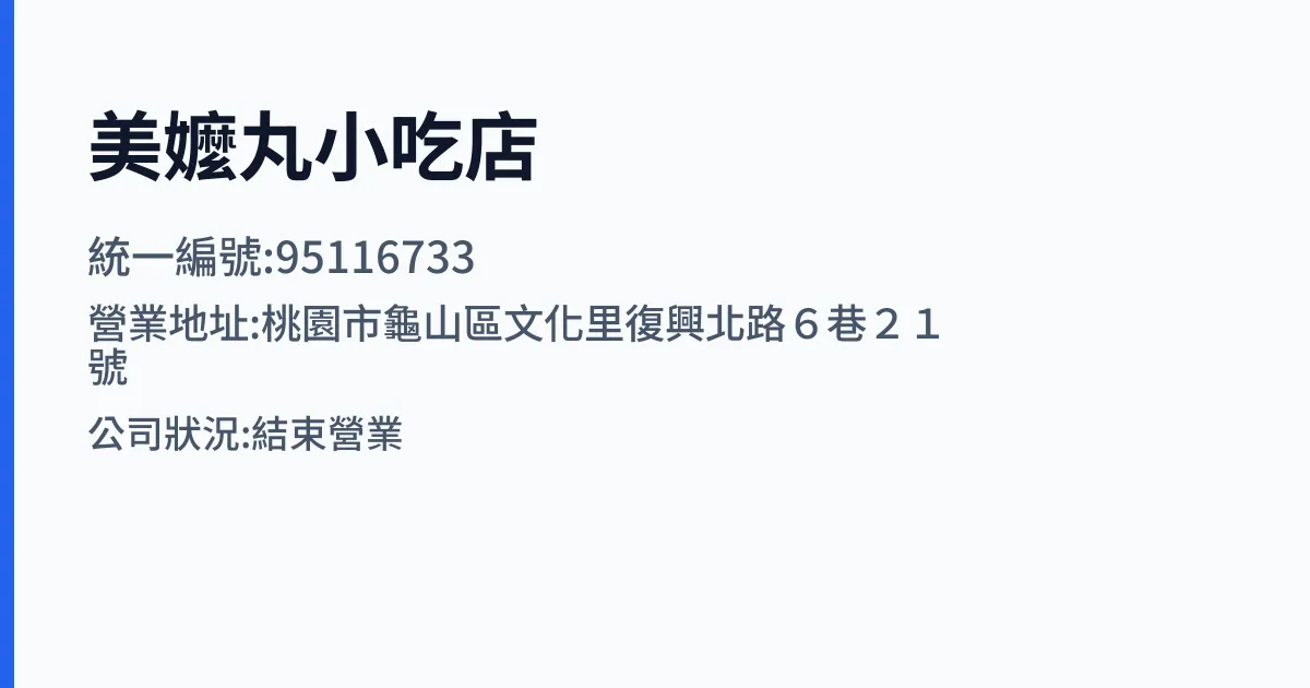 美嬤丸小吃店 - 統編 95116733(桃園市) 公司登記資料與營業項目詳細圖表