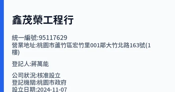 鑫茂榮工程行的照片-統編 95117629(桃園市) 公司登記資料與營業項目詳細圖表