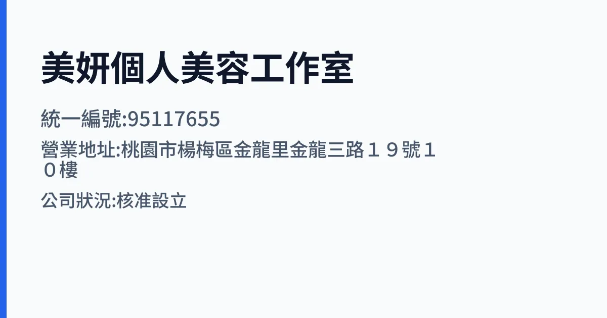 美妍個人美容工作室 - 統編 95117655(桃園市) 公司登記資料與營業項目詳細圖表
