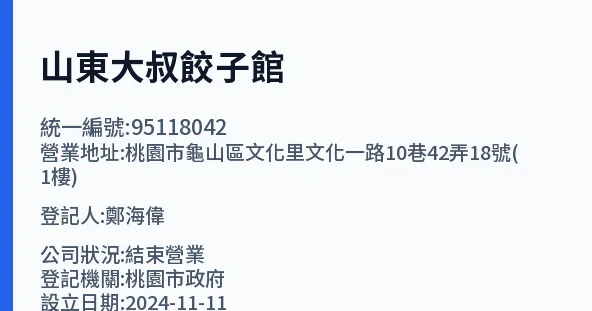 山東大叔餃子館的照片-統編 95118042(桃園市) 公司登記資料與營業項目詳細圖表