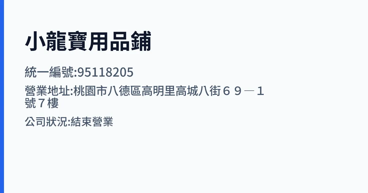 小龍寶用品鋪 - 統編 95118205(桃園市) 公司登記資料與營業項目詳細圖表
