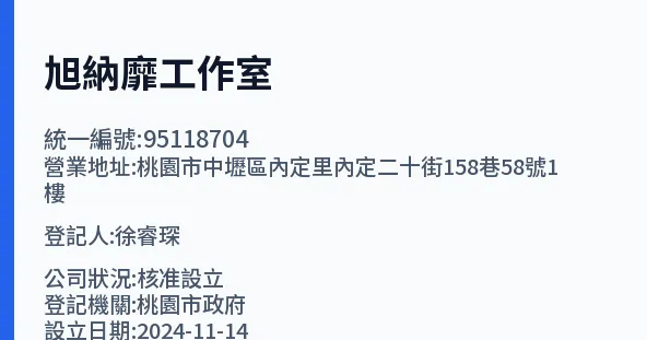 旭納靡工作室的照片-統編 95118704(桃園市) 公司登記資料與營業項目詳細圖表