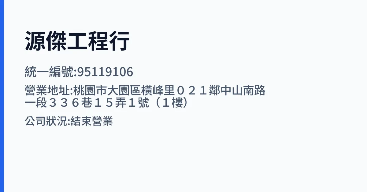 源傑工程行 - 統編 95119106(桃園市) 公司登記資料與營業項目詳細圖表