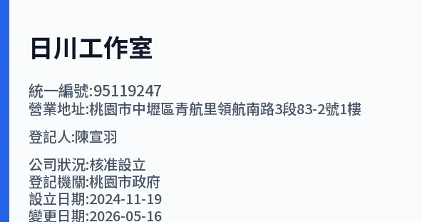 日川工作室的照片-統編 95119247(桃園市) 公司登記資料與營業項目詳細圖表