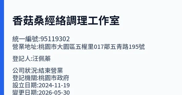 香菇桑經絡調理工作室的照片-統編 95119302(桃園市) 公司登記資料與營業項目詳細圖表