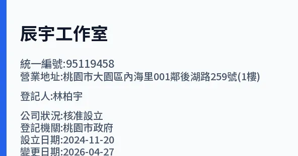 辰宇工作室的照片-統編 95119458(桃園市) 公司登記資料與營業項目詳細圖表