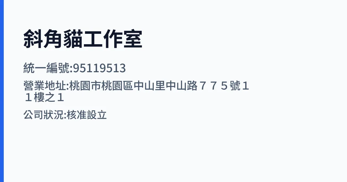 斜角貓工作室 - 統編 95119513(桃園市) 公司登記資料與營業項目詳細圖表