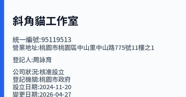 斜角貓工作室的照片-統編 95119513(桃園市) 公司登記資料與營業項目詳細圖表