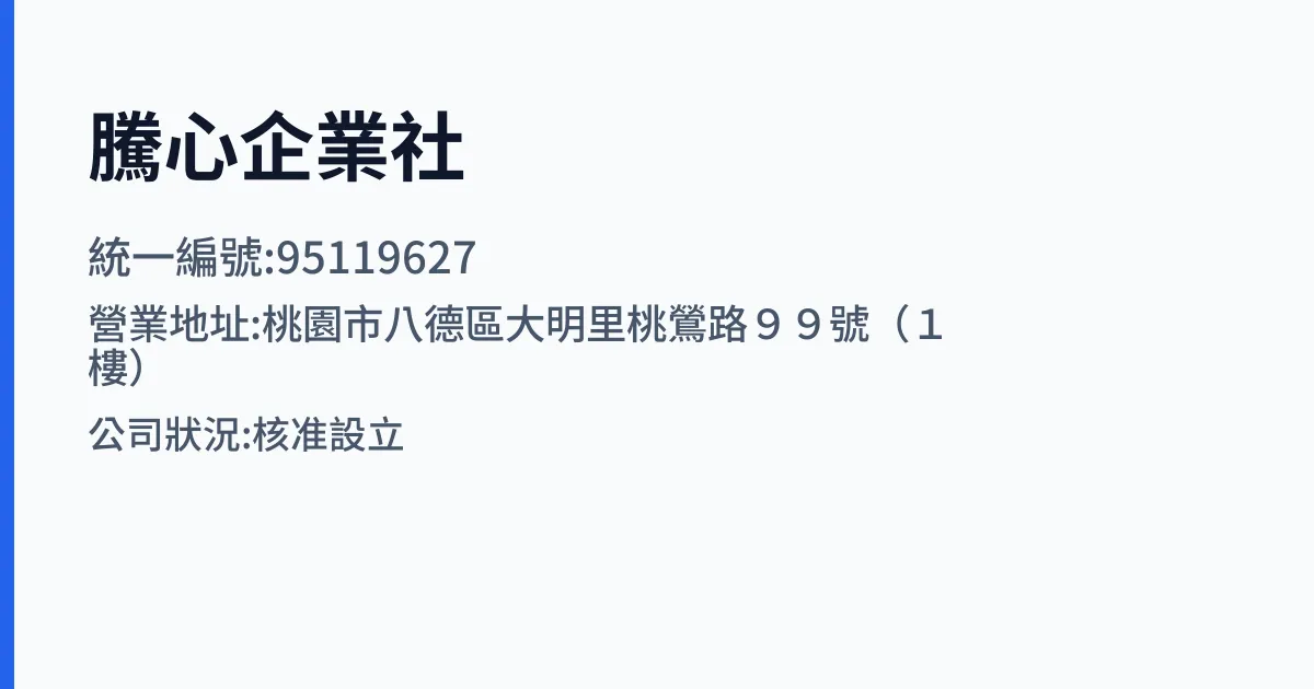 騰心企業社 - 統編 95119627(桃園市) 公司登記資料與營業項目詳細圖表