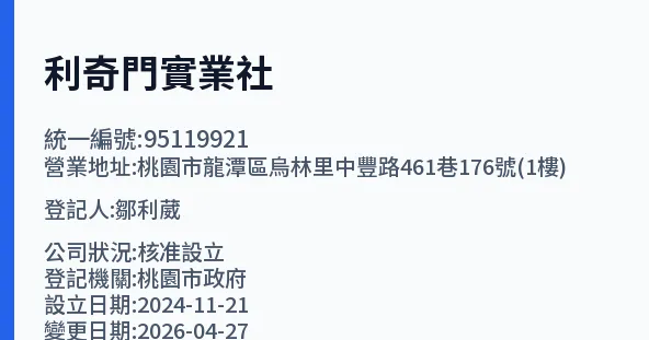 利奇門實業社的照片-統編 95119921(桃園市) 公司登記資料與營業項目詳細圖表