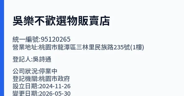 吳樂不歡選物販賣店的照片-統編 95120265(桃園市) 公司登記資料與營業項目詳細圖表