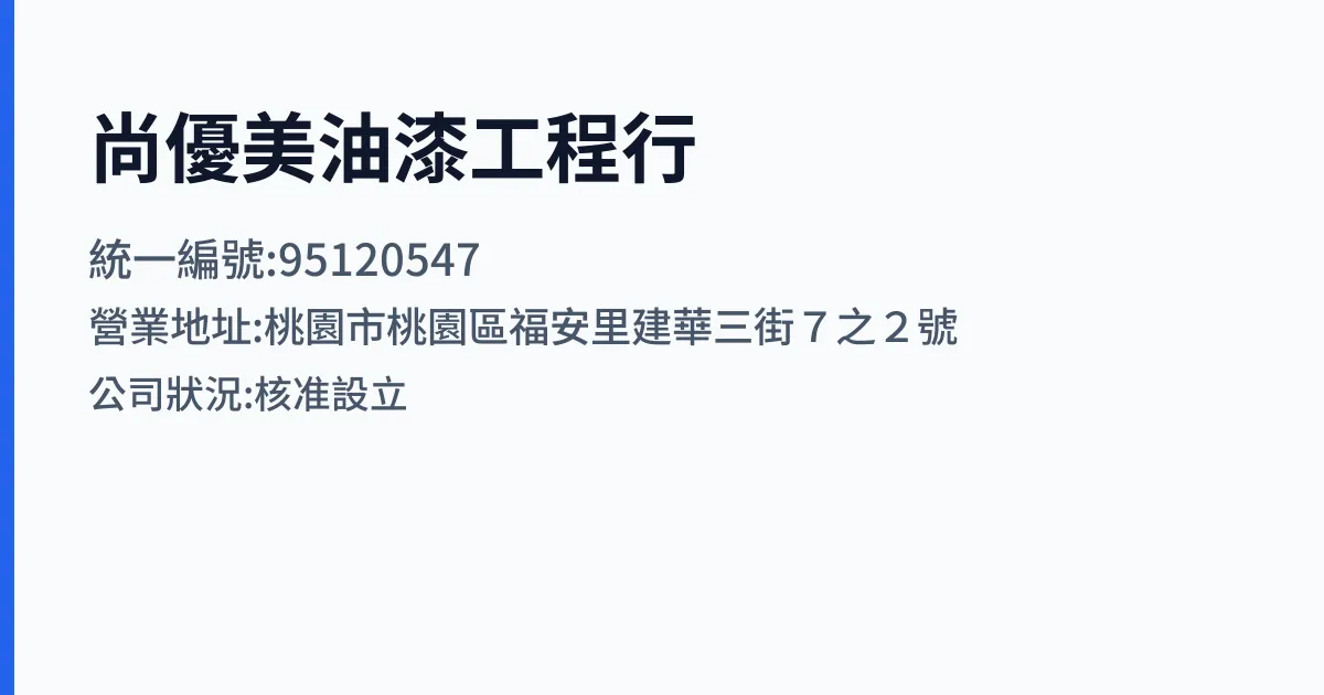 尚優美油漆工程行 - 統編 95120547(桃園市) 公司登記資料與營業項目詳細圖表