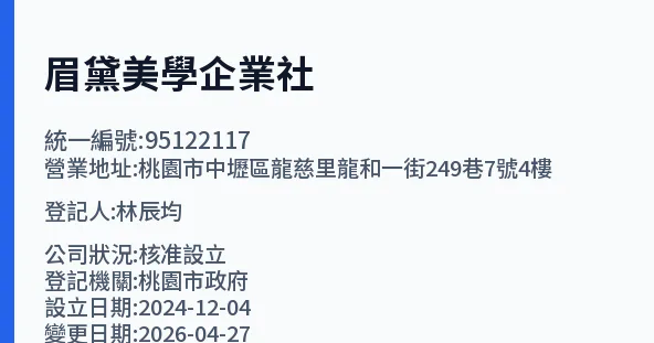 眉黛美學企業社的照片-統編 95122117(桃園市) 公司登記資料與營業項目詳細圖表